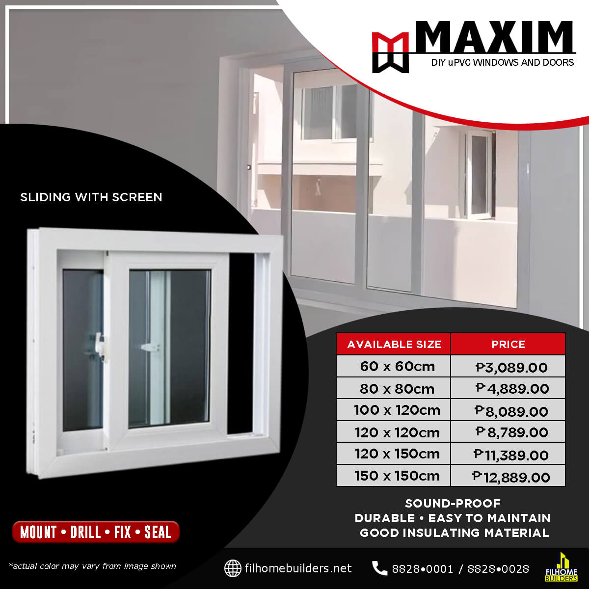 Maxim DIY uPVC Windows Sliding Window w/ Screen – Filhome Builders ...